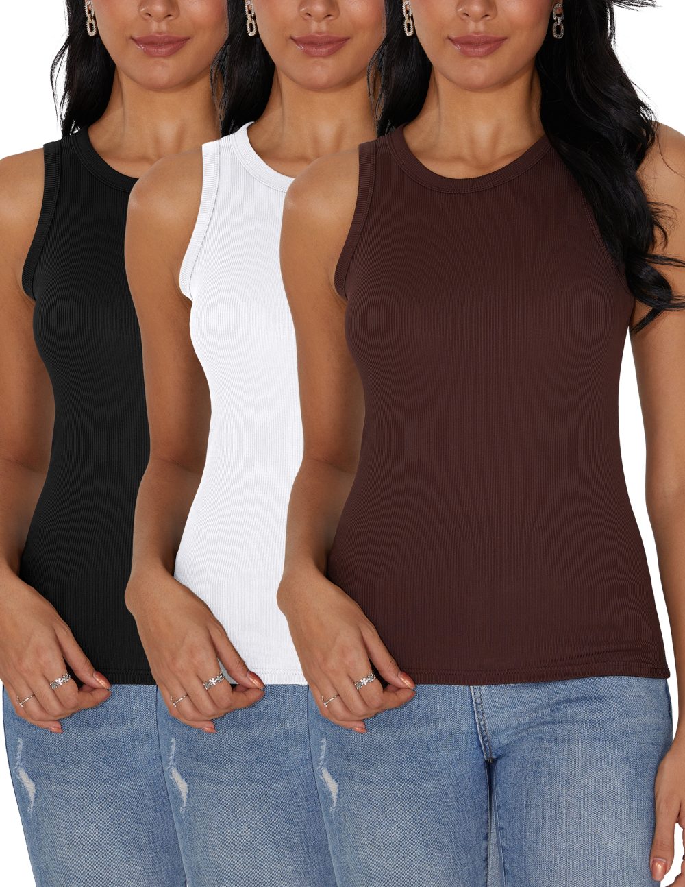TELALEO 3 Pack Women Summer Tank Tops Crewneck Sleeveless Shirts Ribbed ...