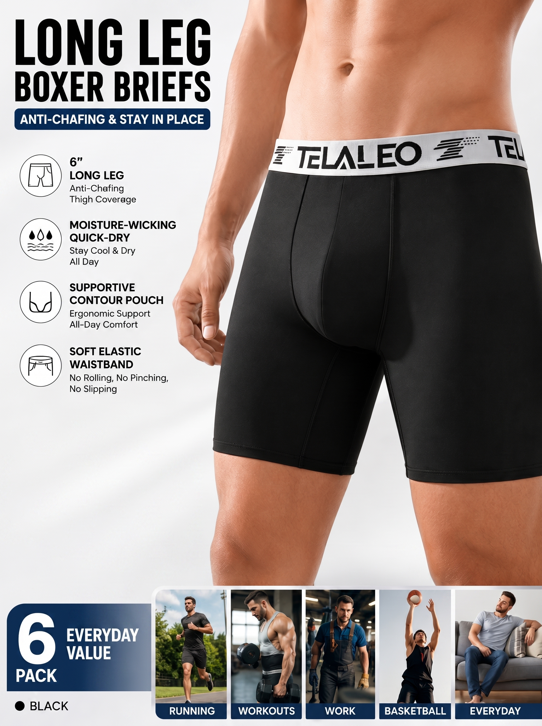 TELALEO Men’s Boxer Briefs 6 Pack – Support Pouch Moisture Wicking ...